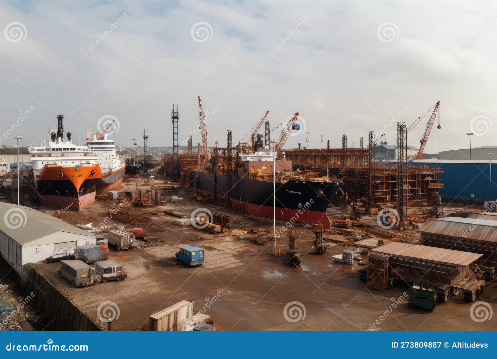 Shipyard, With Vessels In Various Stages Of Construction And Repair ...