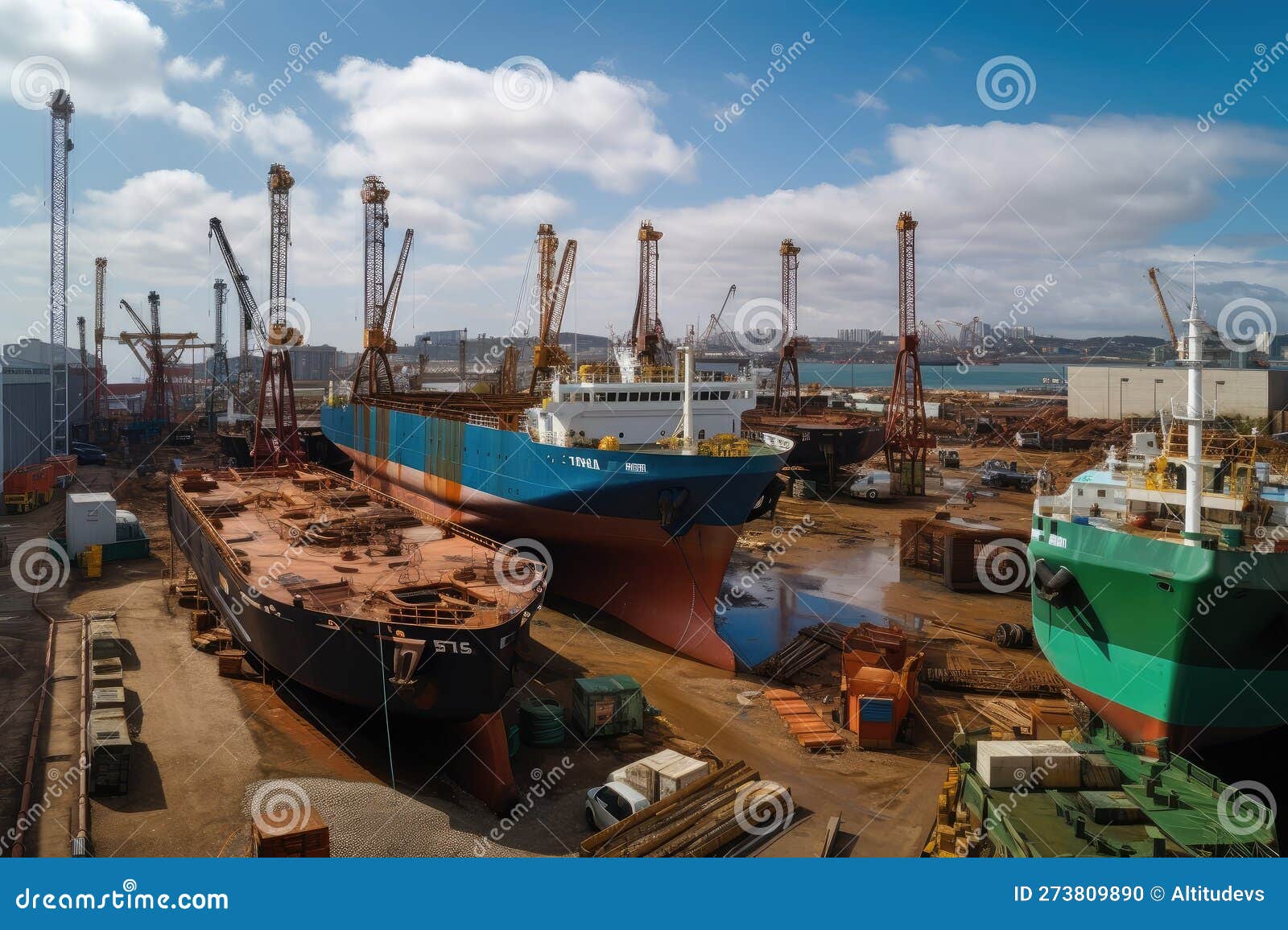 Shipyard, with Various Vessels in Different Stages of Construction ...