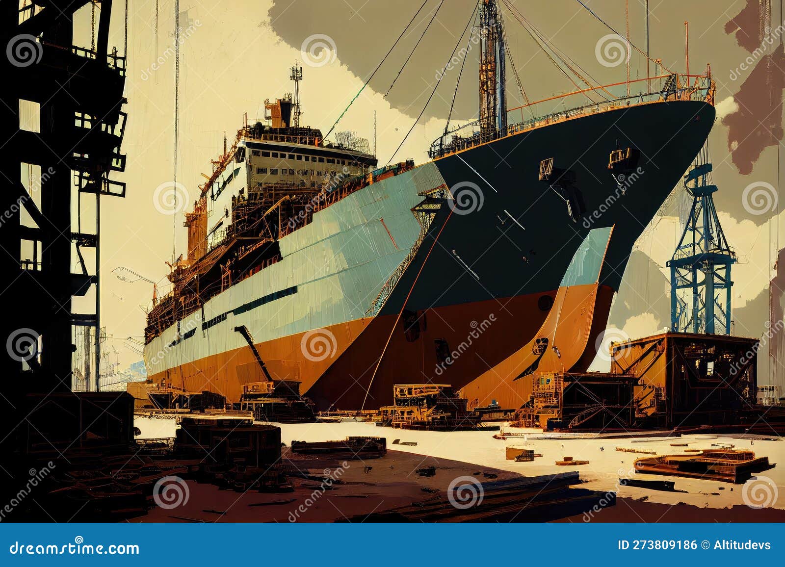 Shipyard, with View of Cargo Ship Being Constructed in Dry Dock Stock ...
