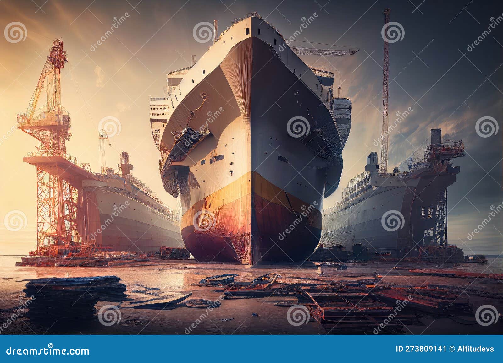 Shipyard, with View of Massive Ship Under Construction Stock ...