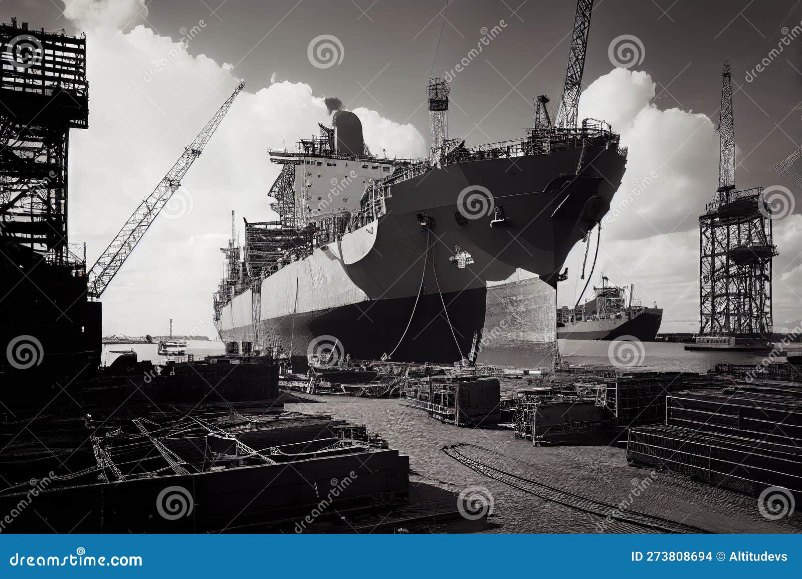 Shipyard, with View of Massive Ship Under Construction, Surrounded by ...