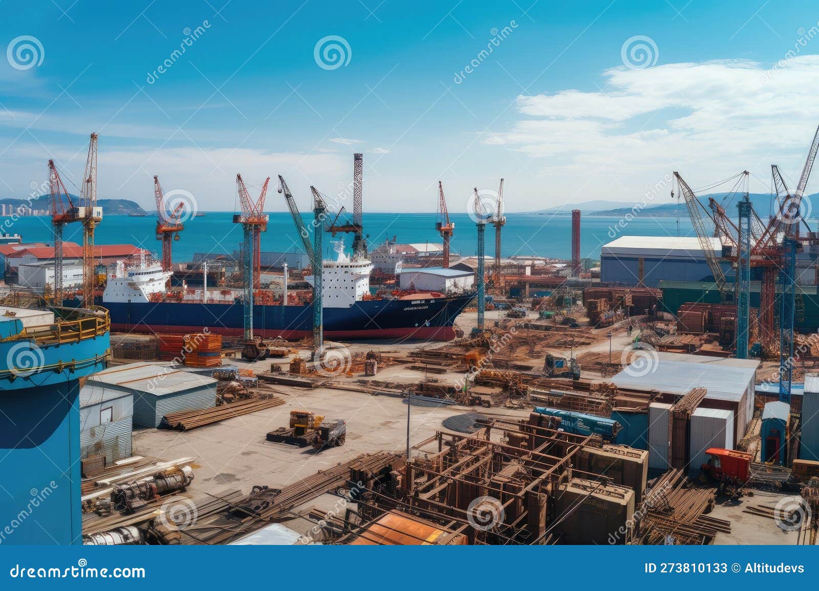 Shipyard with View of the Ocean, Surrounded by Busy Work of Seamen and ...