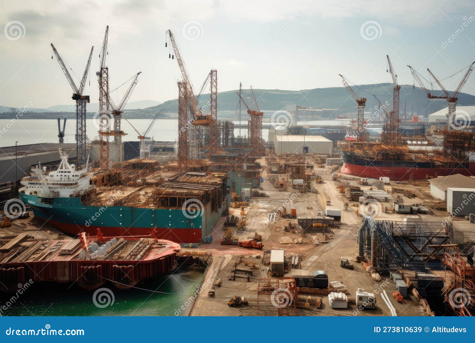 Shipyard, with View of Ships in Various Stages of Construction Stock ...