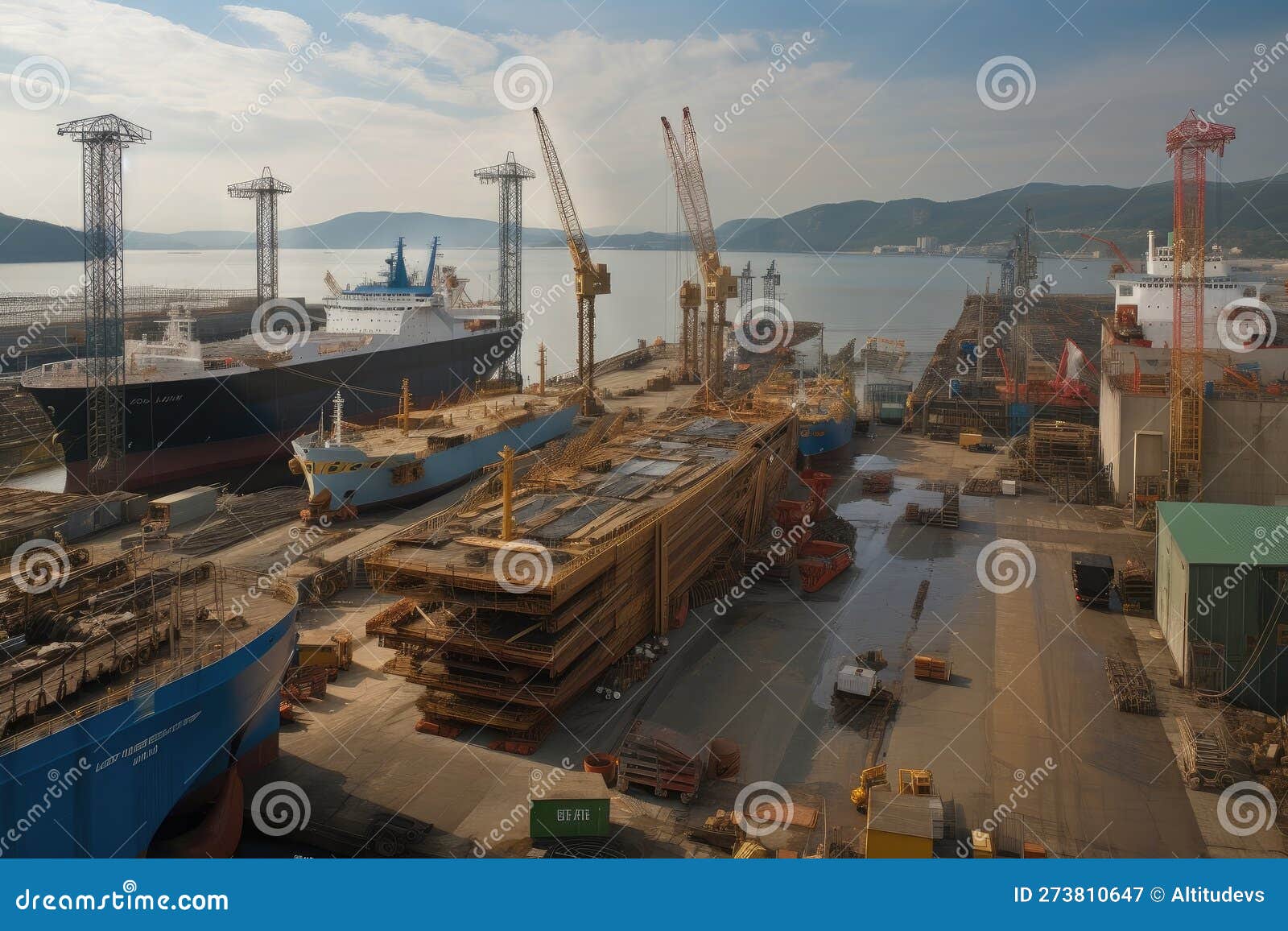 Shipyard, with View of Ships in Various Stages of Construction Stock ...