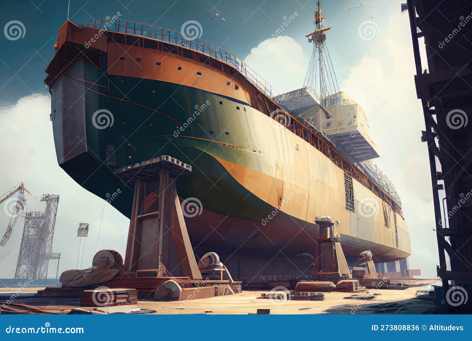 Shipyard, with a View of the Towering Hull of a Modern Cargo Ship ...