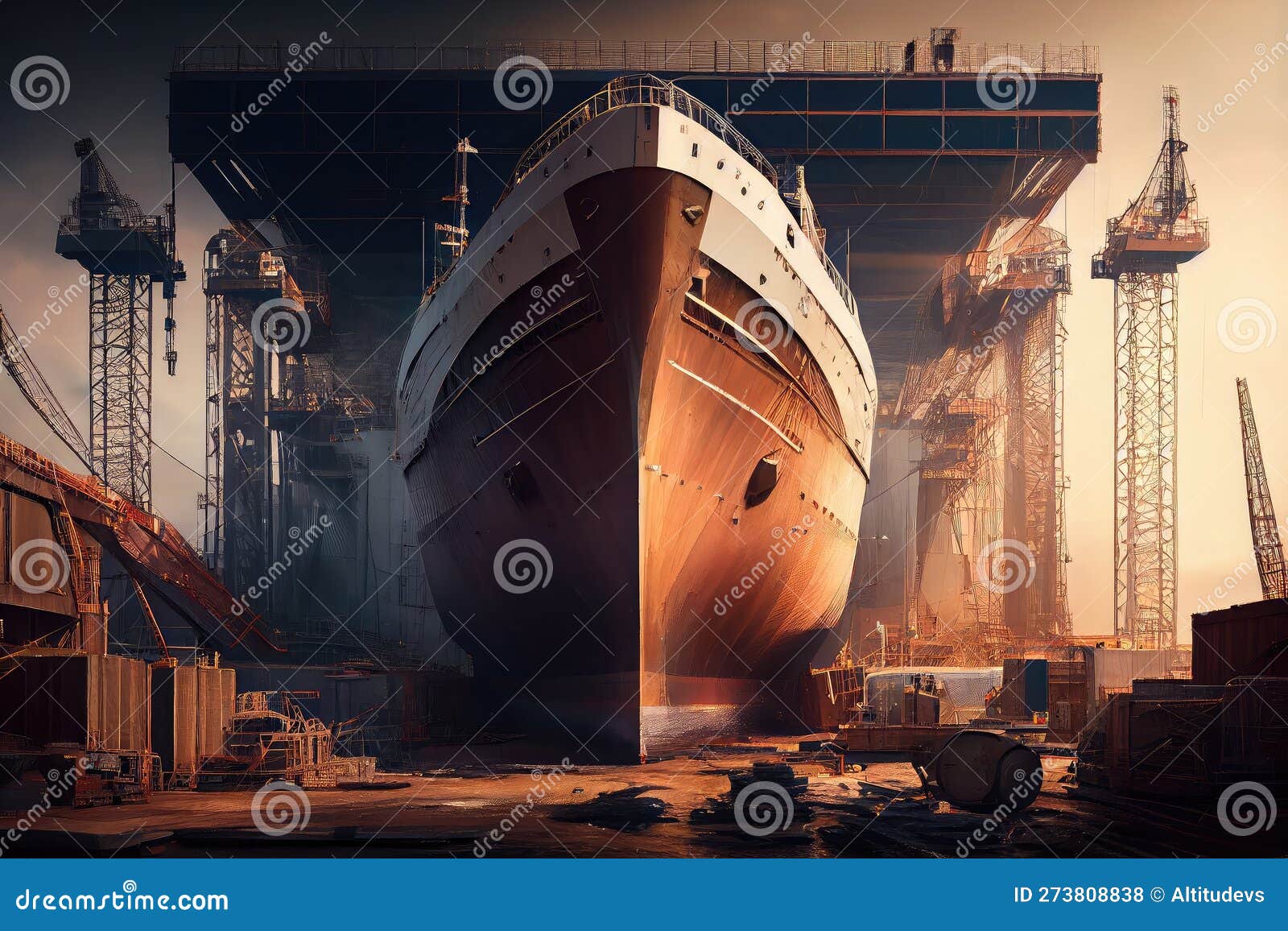 Shipyard, with a View of the Towering Hull of a Modern Cargo Ship ...