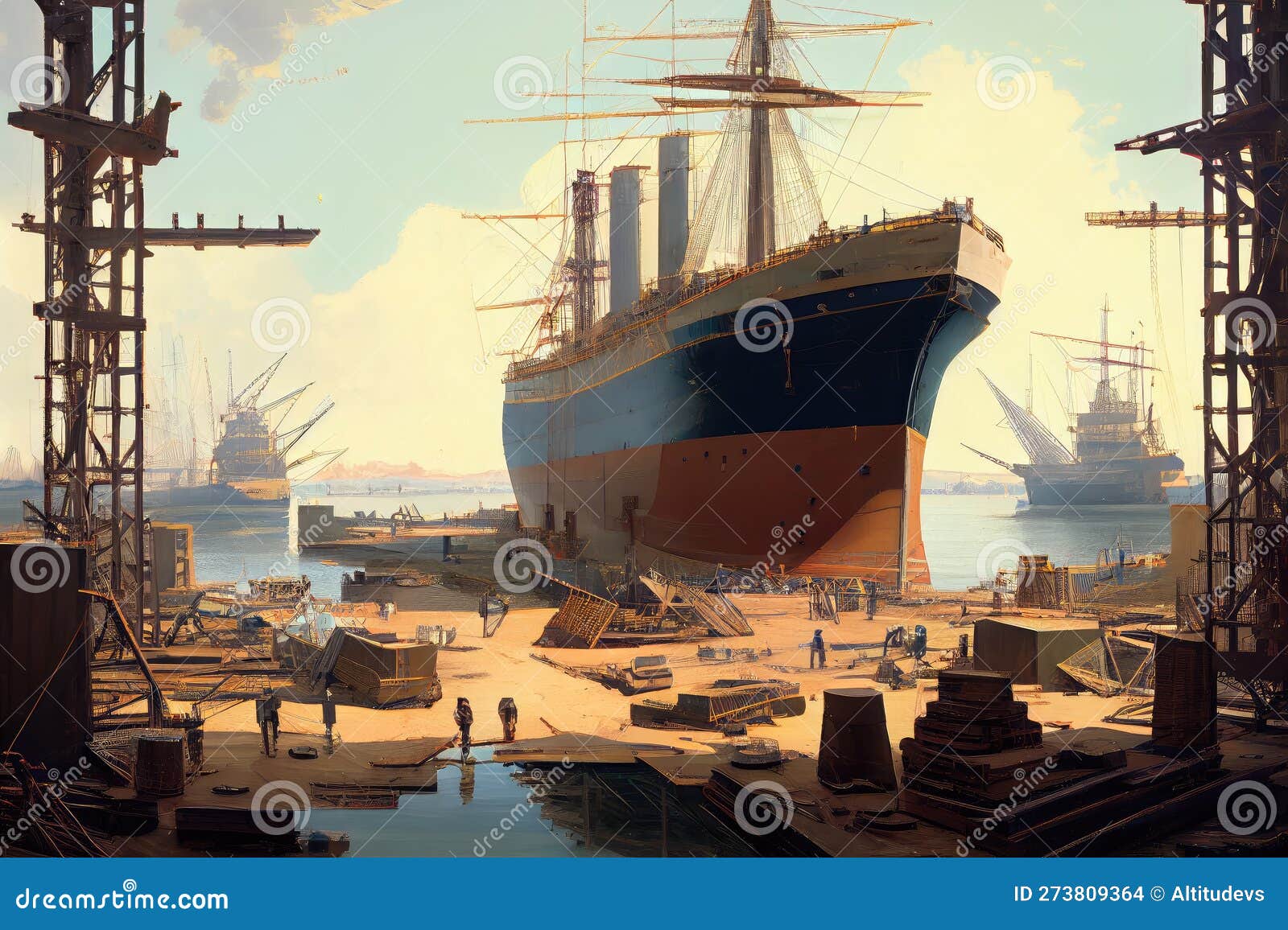 Shipyard, With Various Vessels In Different Stages Of Construction ...