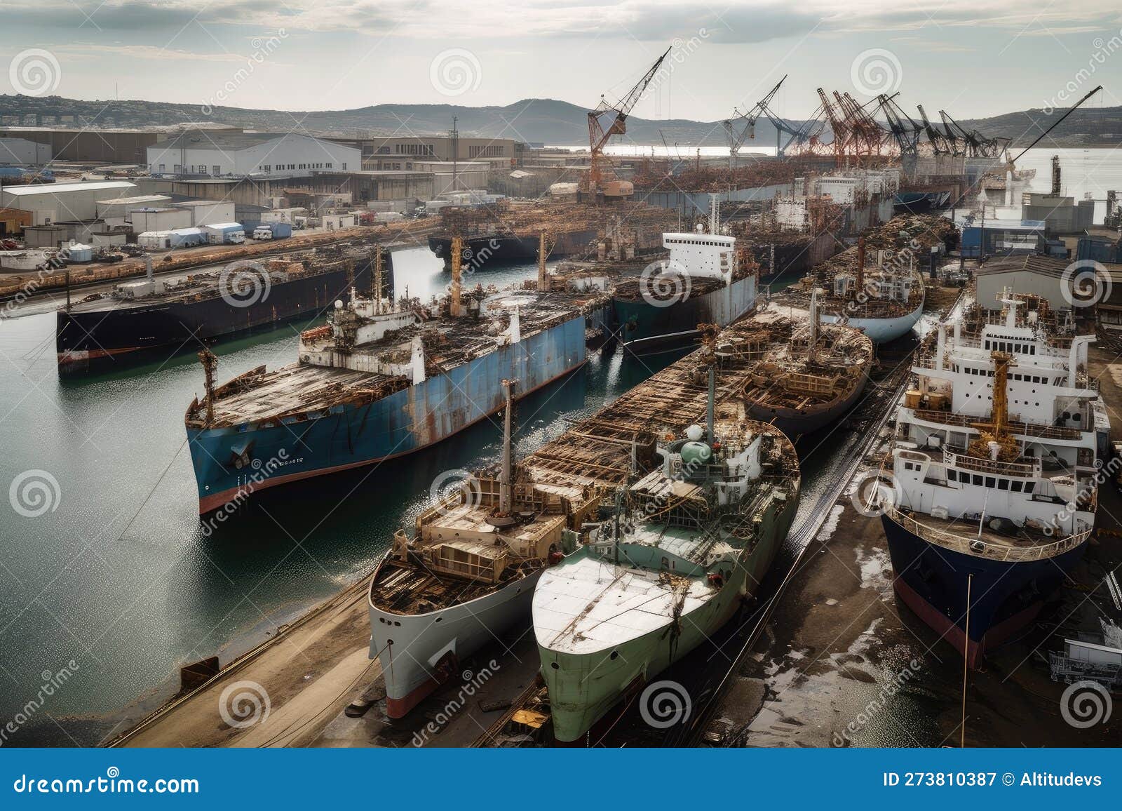 A Shipyard Where Various Ships are Being Built and Repaired Stock ...