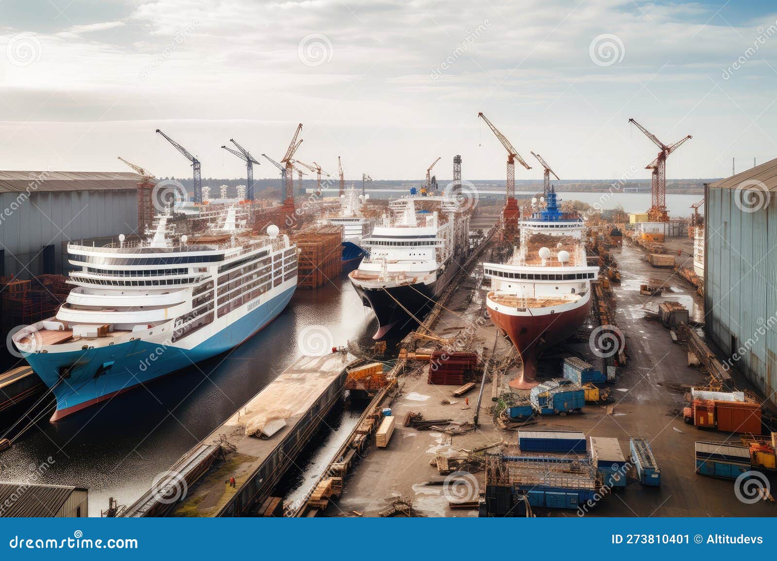 A Shipyard Where Various Ships are Being Built and Repaired Stock ...
