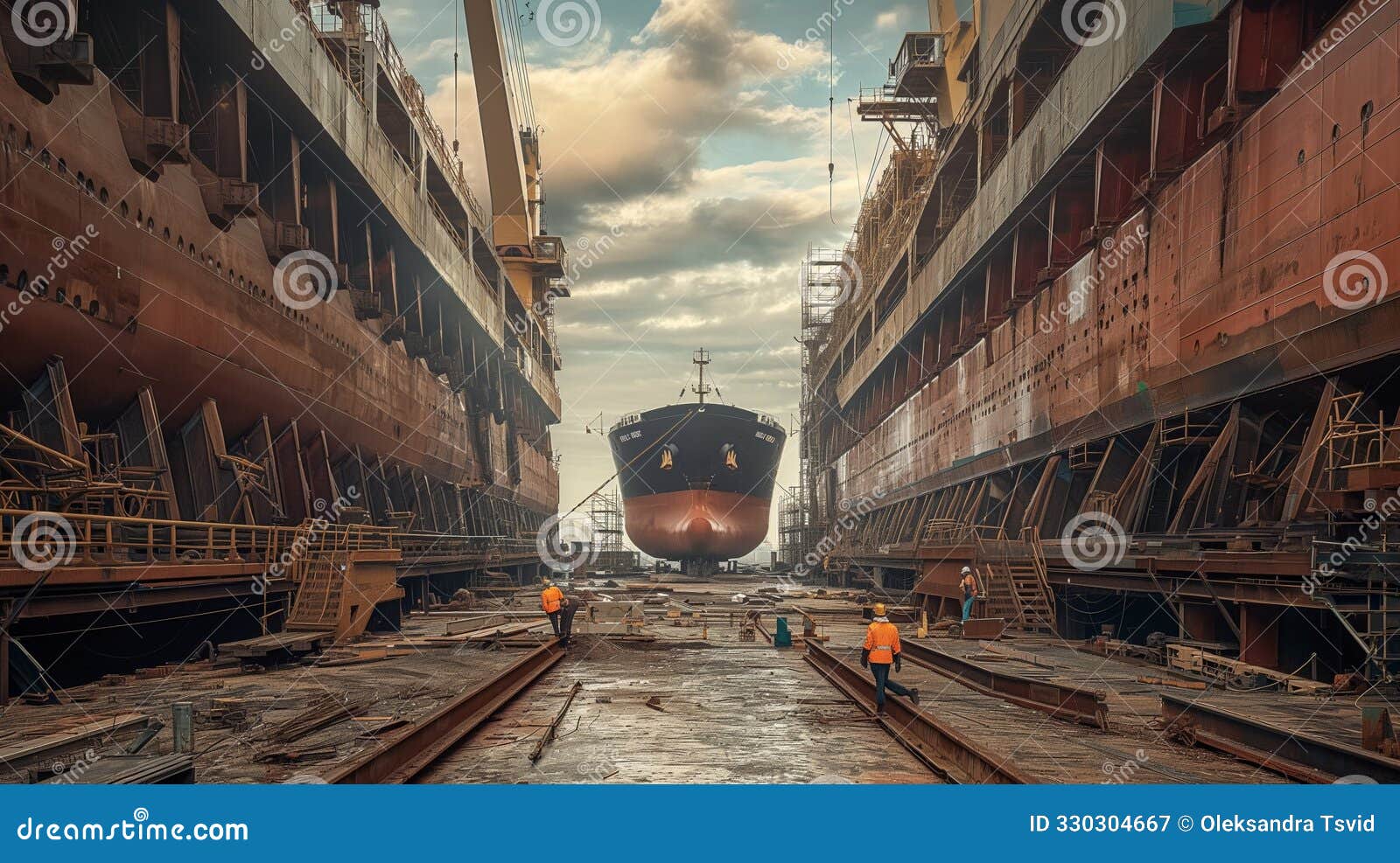 Shipyard with Workers Constructing a Large Container Ship Stock Image ...
