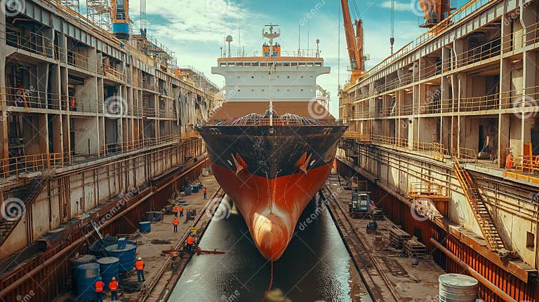 Shipyard with Workers Constructing a Large Container Ship Stock Image ...
