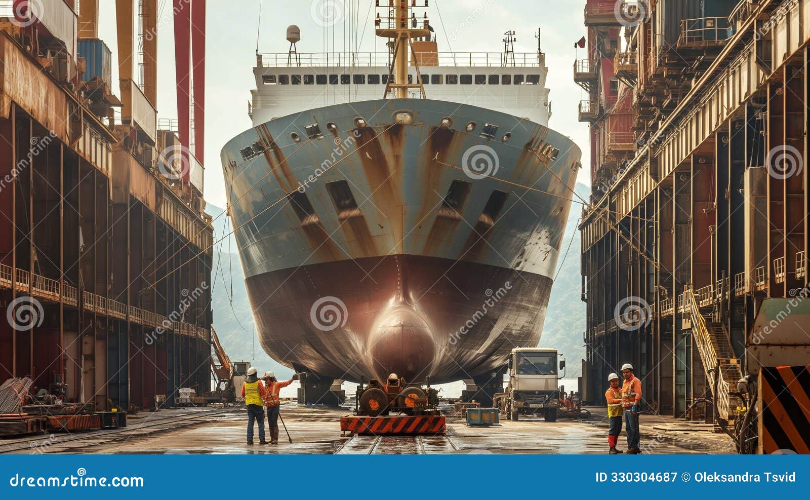 Shipyard with Workers Constructing a Large Container Ship Stock Image ...