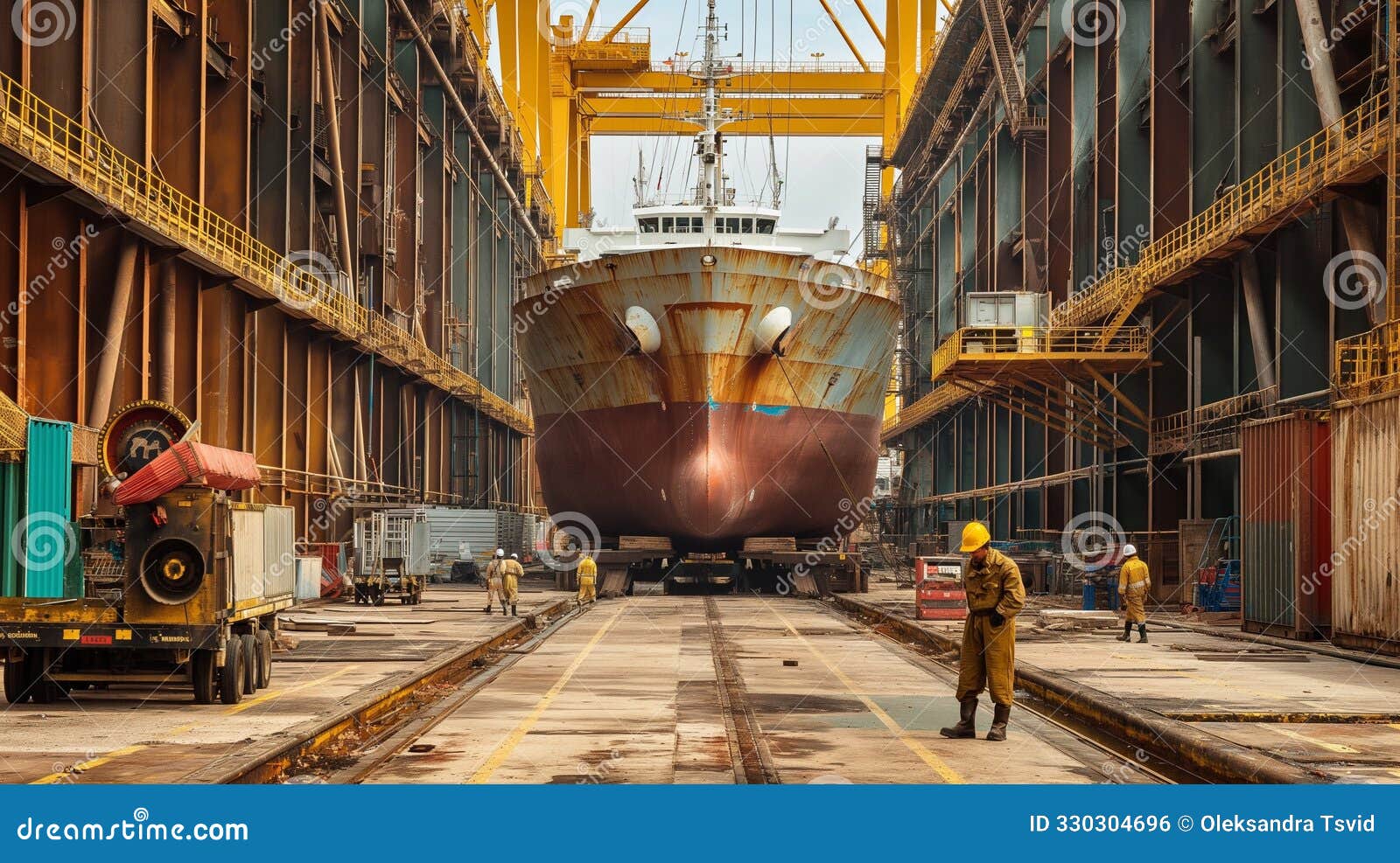 Shipyard with Workers Constructing a Large Container Ship Stock Photo ...