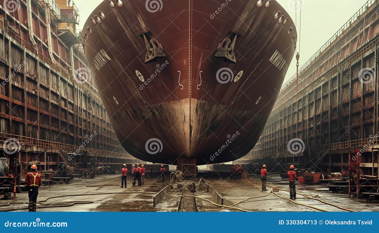 Shipyard with Workers Constructing a Large Container Ship Stock Image ...