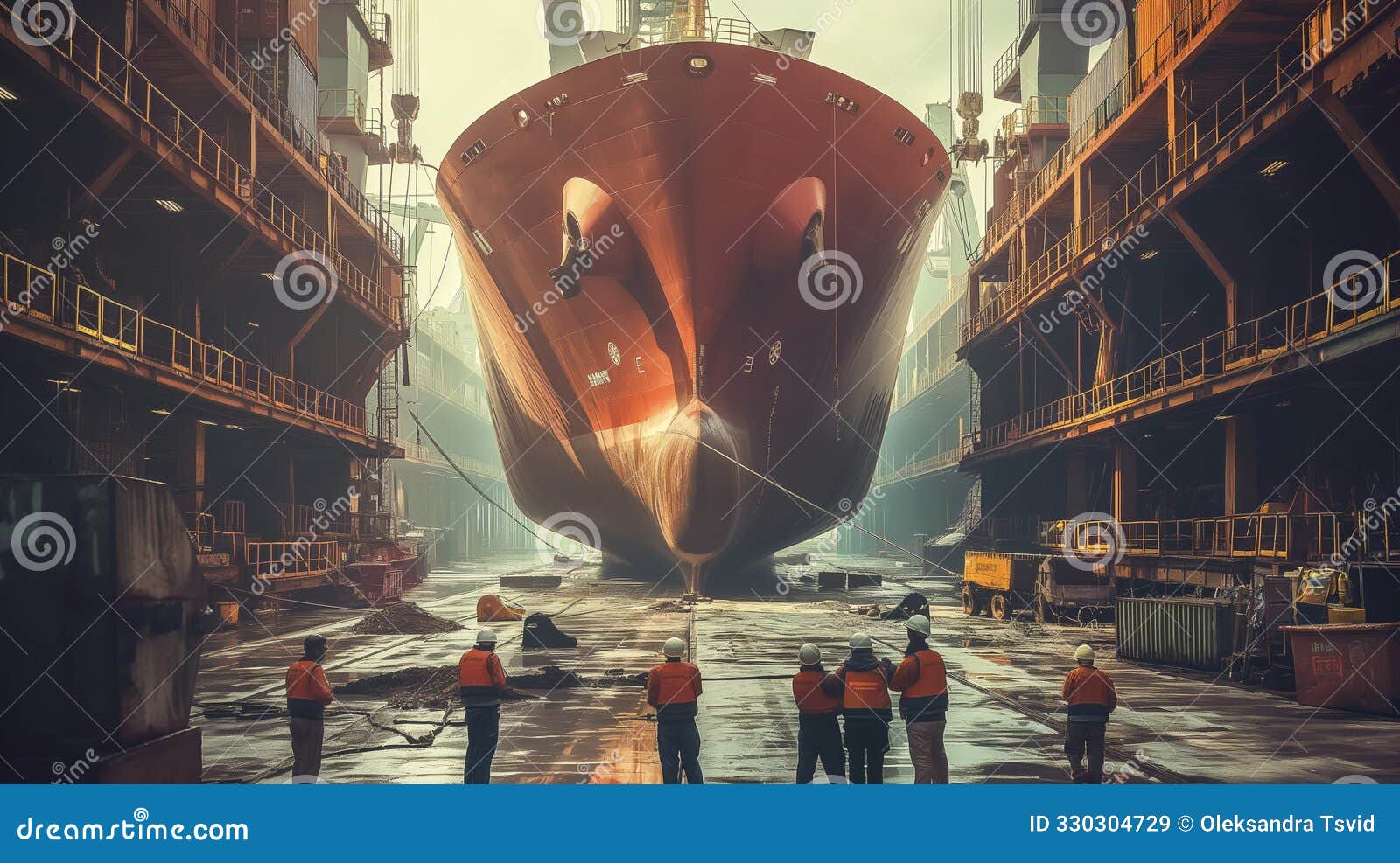 Shipyard with Workers Constructing a Large Container Ship Stock Image ...