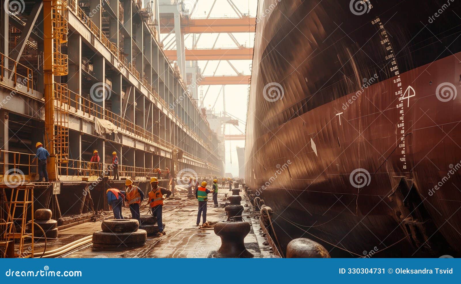 Shipyard with Workers Constructing a Large Container Ship Stock Image ...