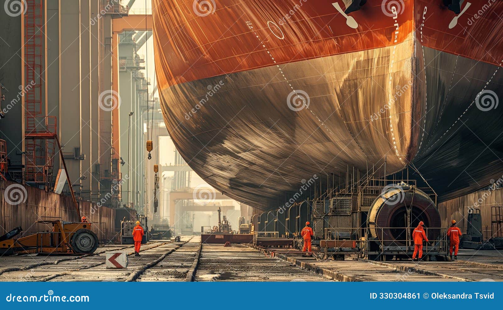 Shipyard with Workers Constructing a Large Container Ship Stock Image ...