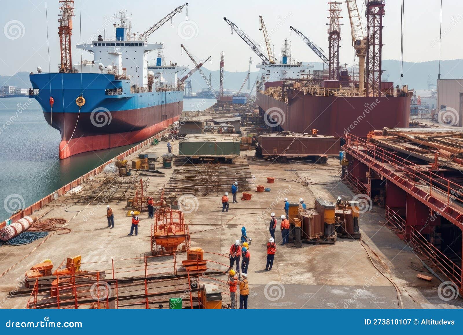 Shipyard, with Workers Installing Equipment and Fitting Out Newly ...