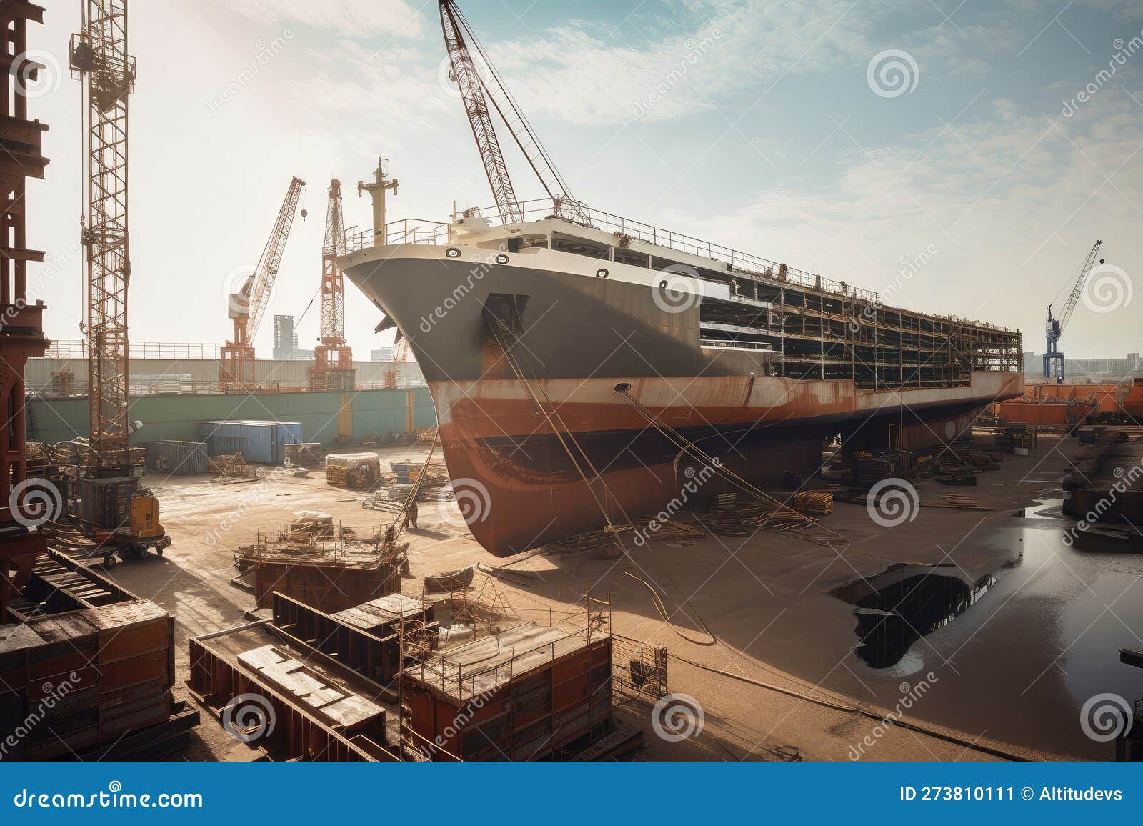 Shipyard, with Workers Installing Equipment and Fitting Out Newly ...
