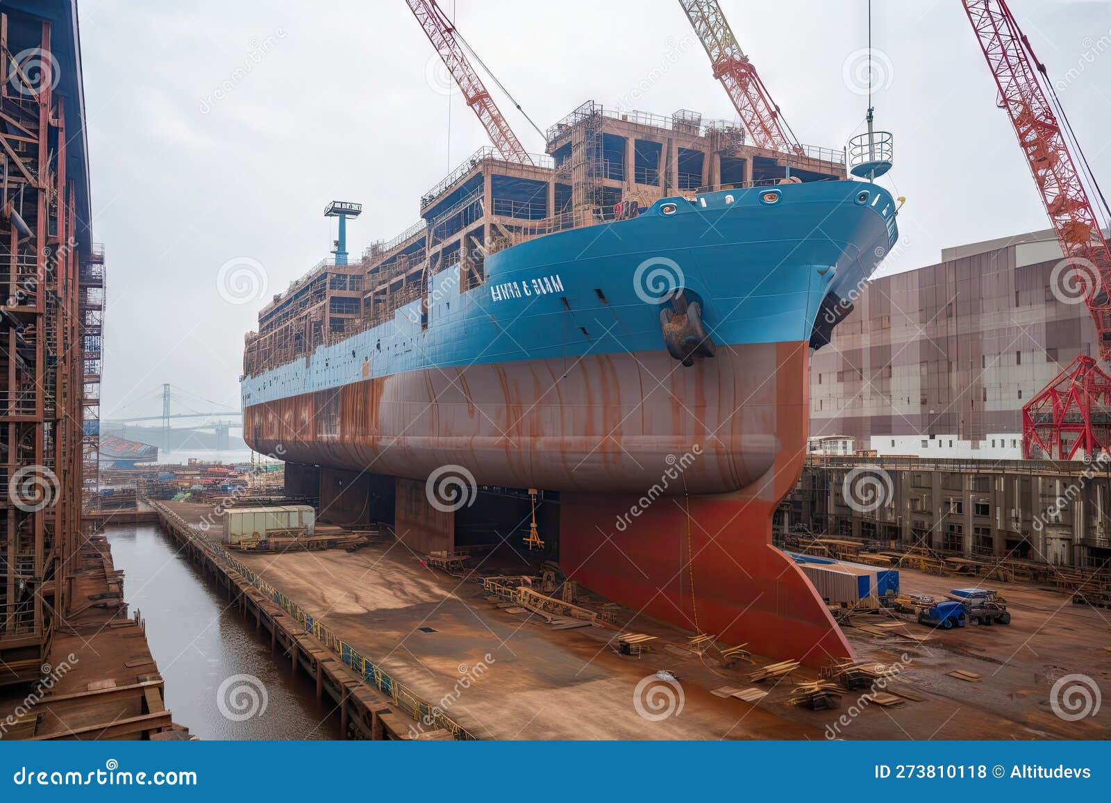 Shipyard, with Workers Installing Equipment and Fitting Out Newly ...