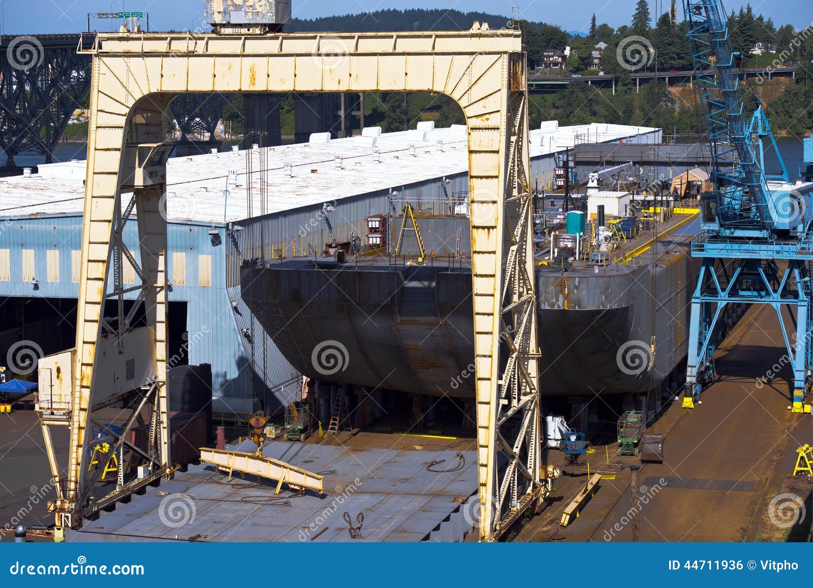 Shipyards Riverboat with Elevating Crane and Workshop Stock Photo ...