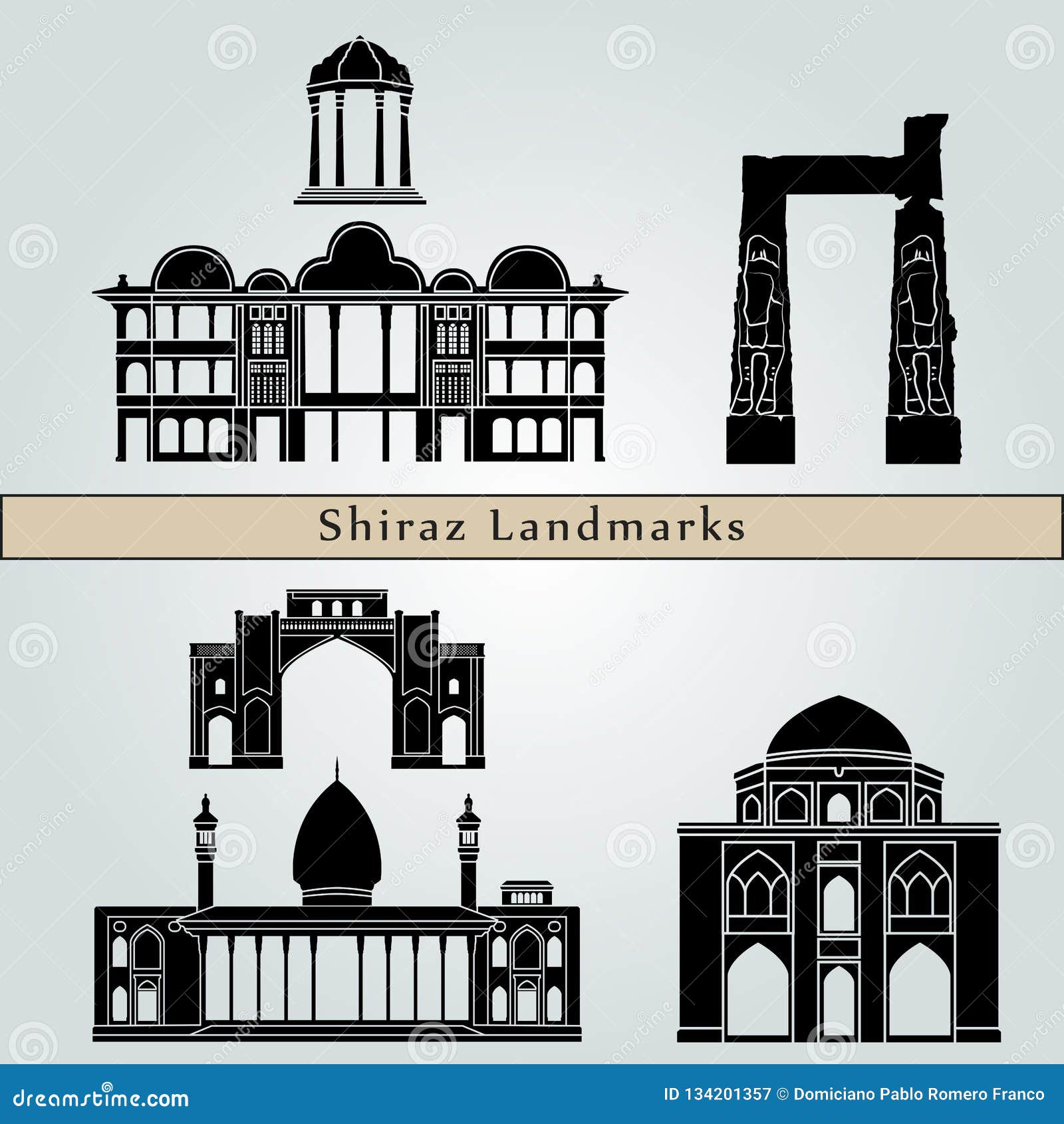 Shiraz Landmarks and Monuments Isolated on Blue Background Stock Vector ...