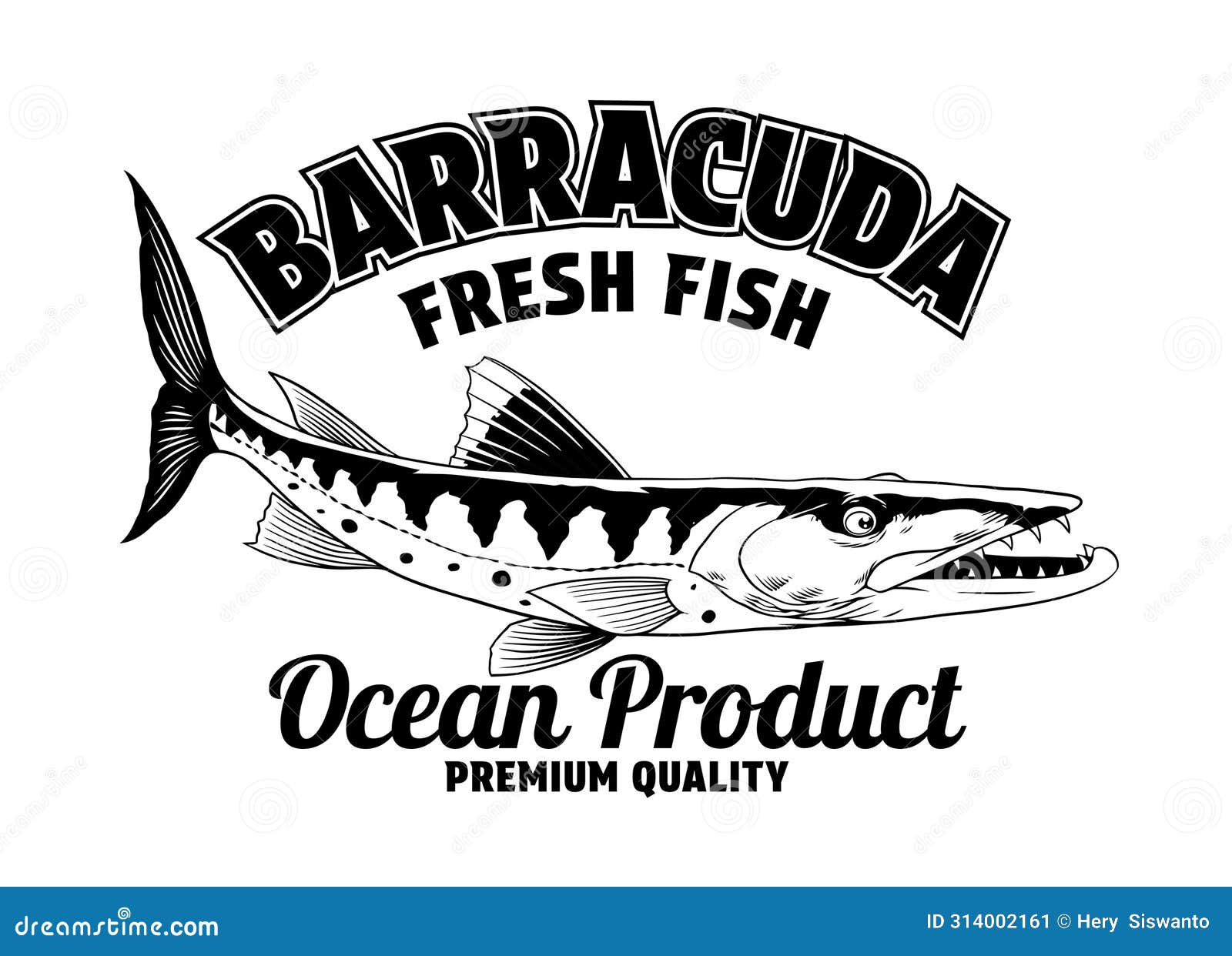 Shirt Design of Barracuda Fish in Black and White Vintage Stock Vector ...
