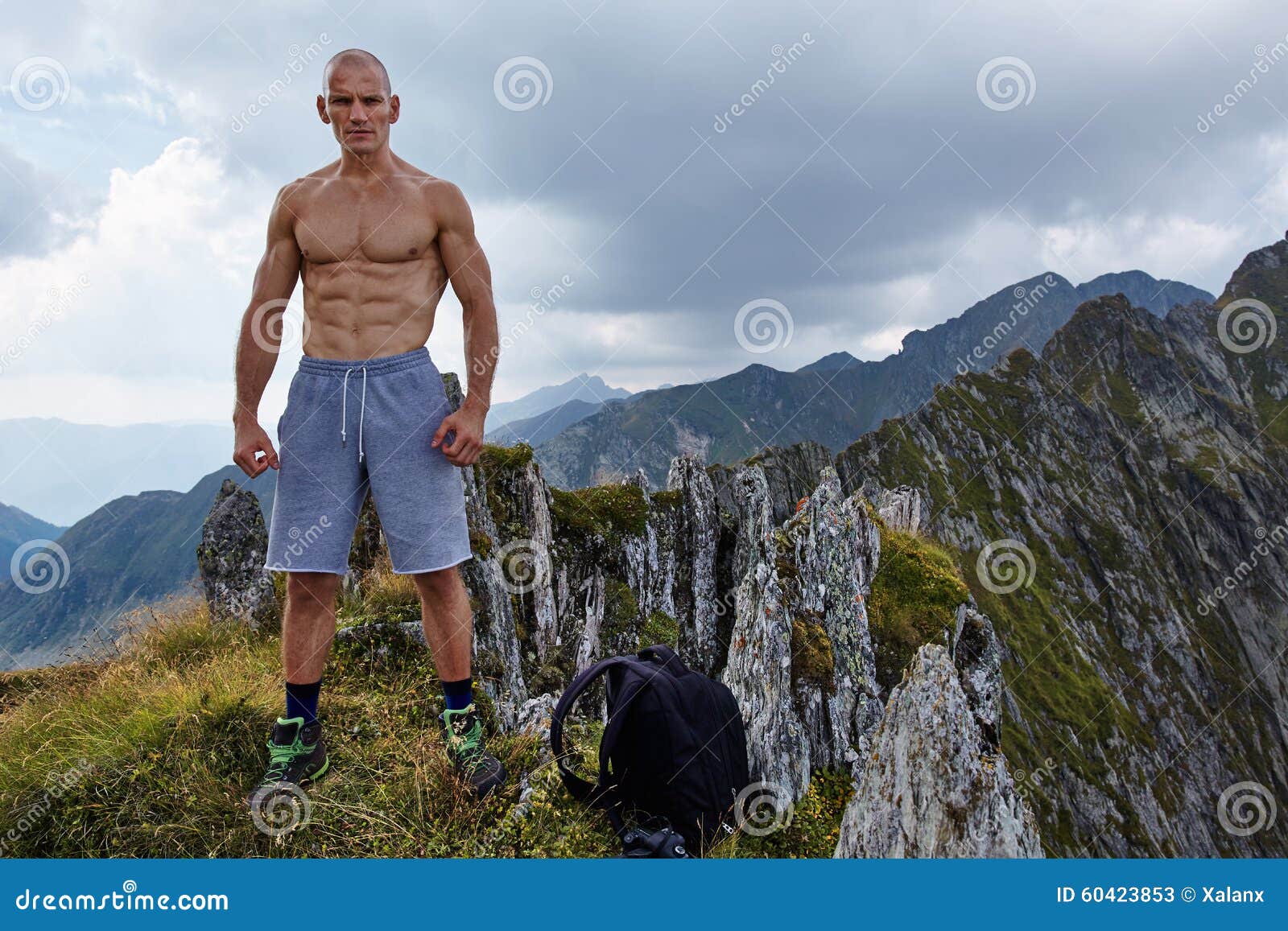 Shirtless Athletic Man on Mountain Top Stock Image - Image of caucasian ...