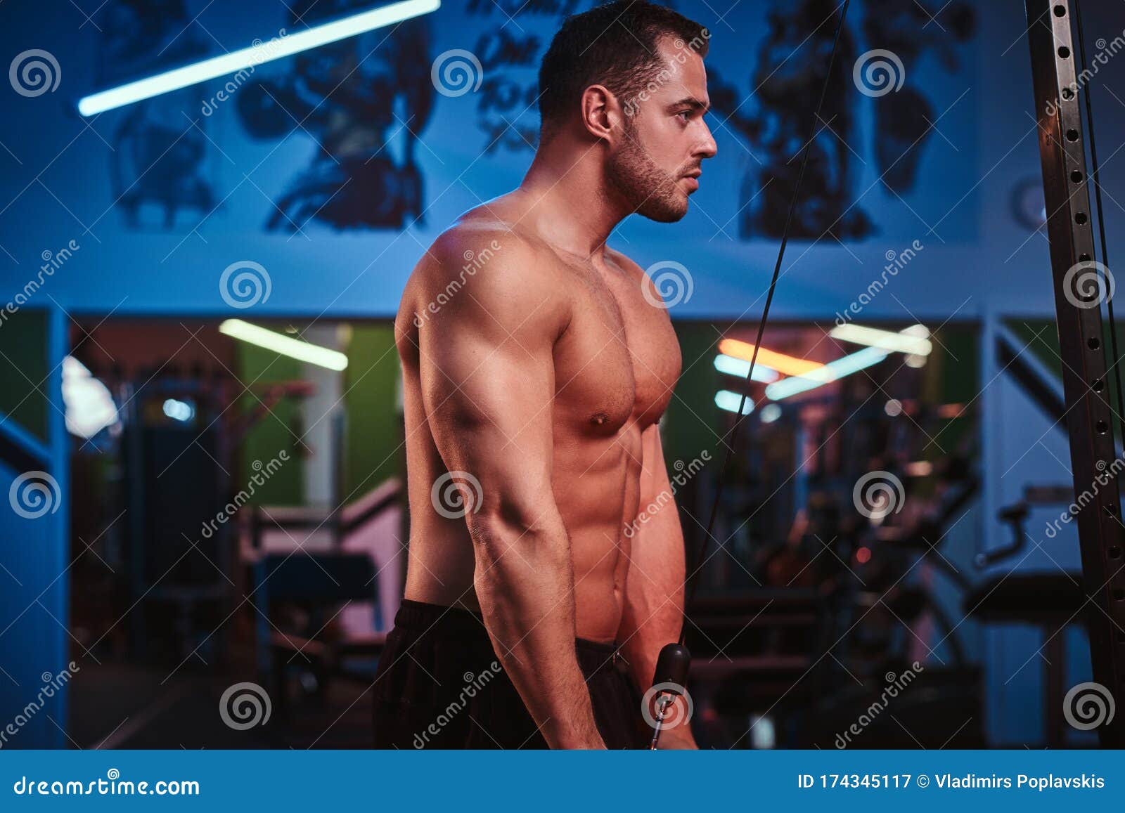 Athletic Man Doing Excersise on Triceps with Hand Pull Machine in a ...