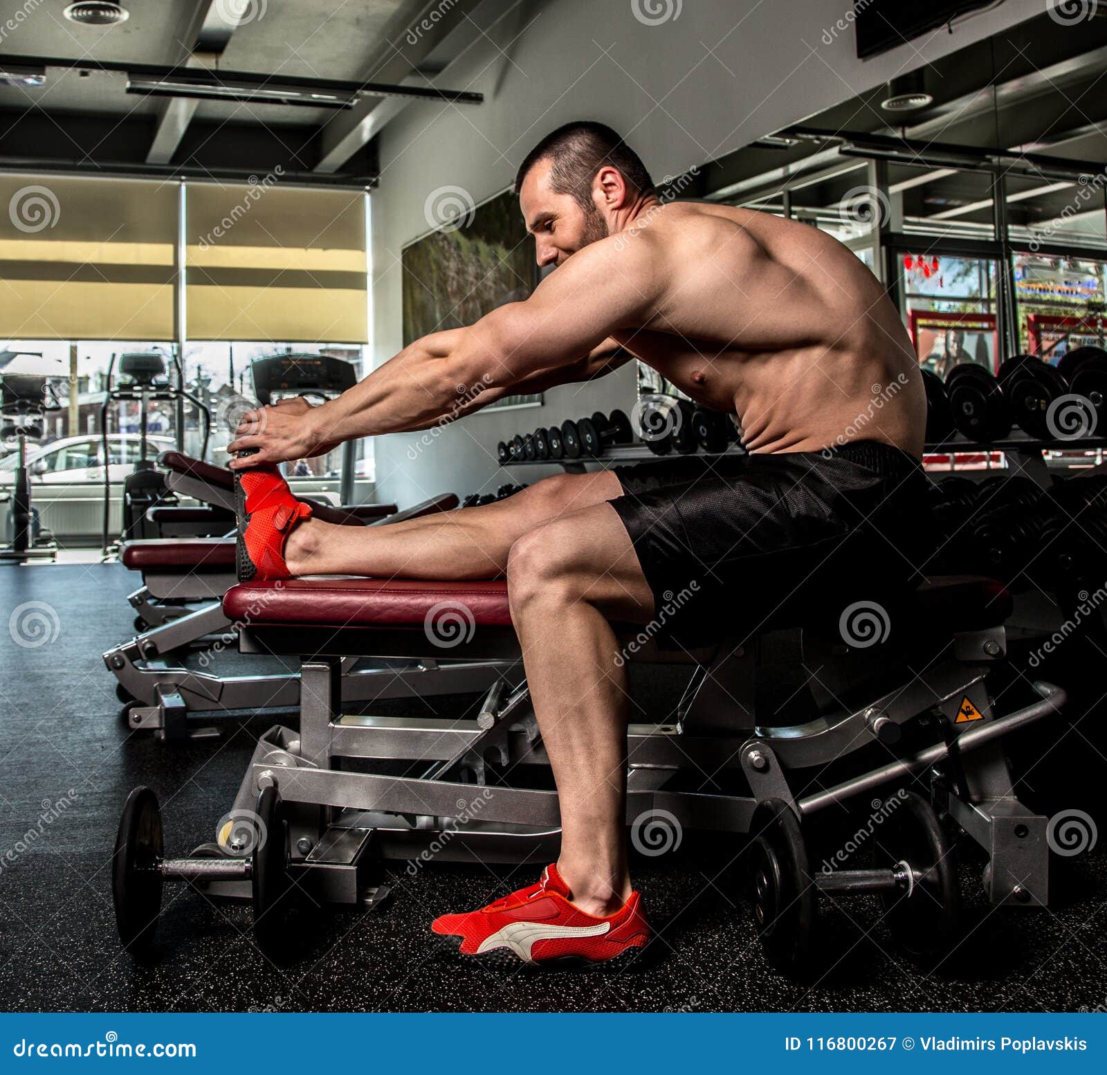 Shirtless Bodybuilder Doing Exercises in a Gym. Stock Image - Image of ...