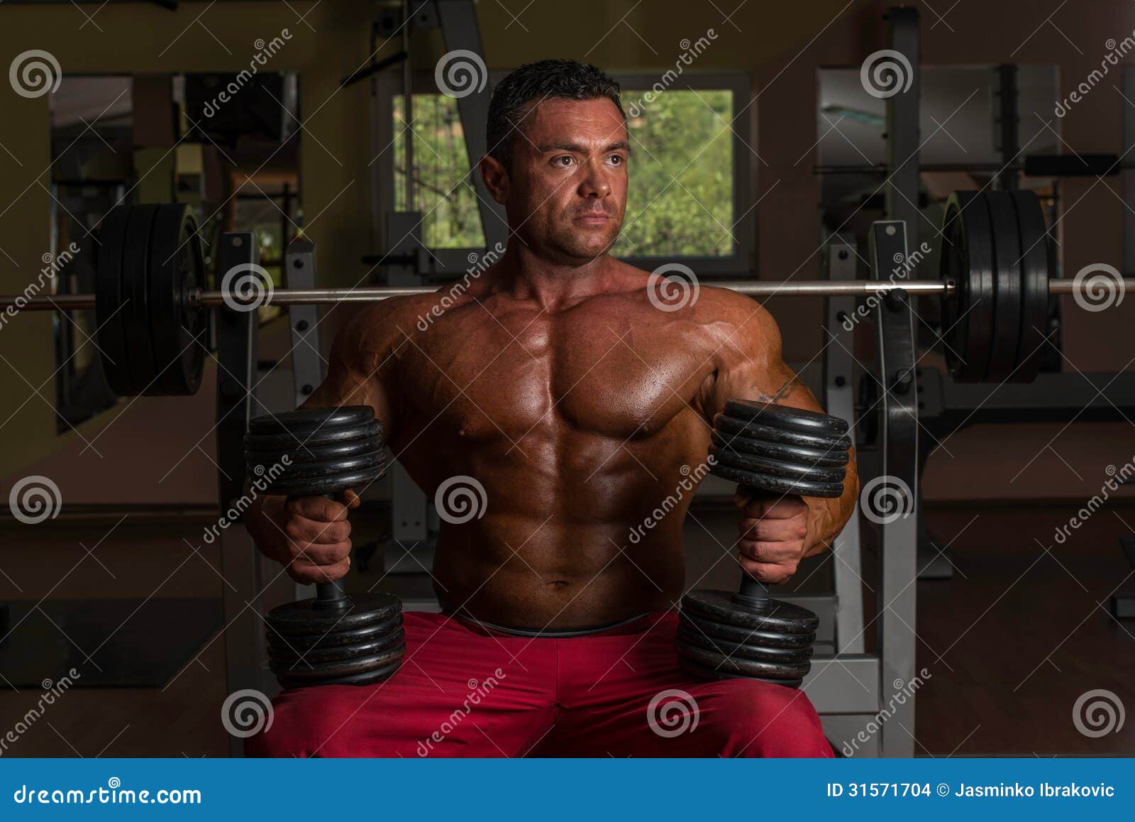Shirtless Bodybuilder Posing with Dumbbell at the Bench Stock Photo ...