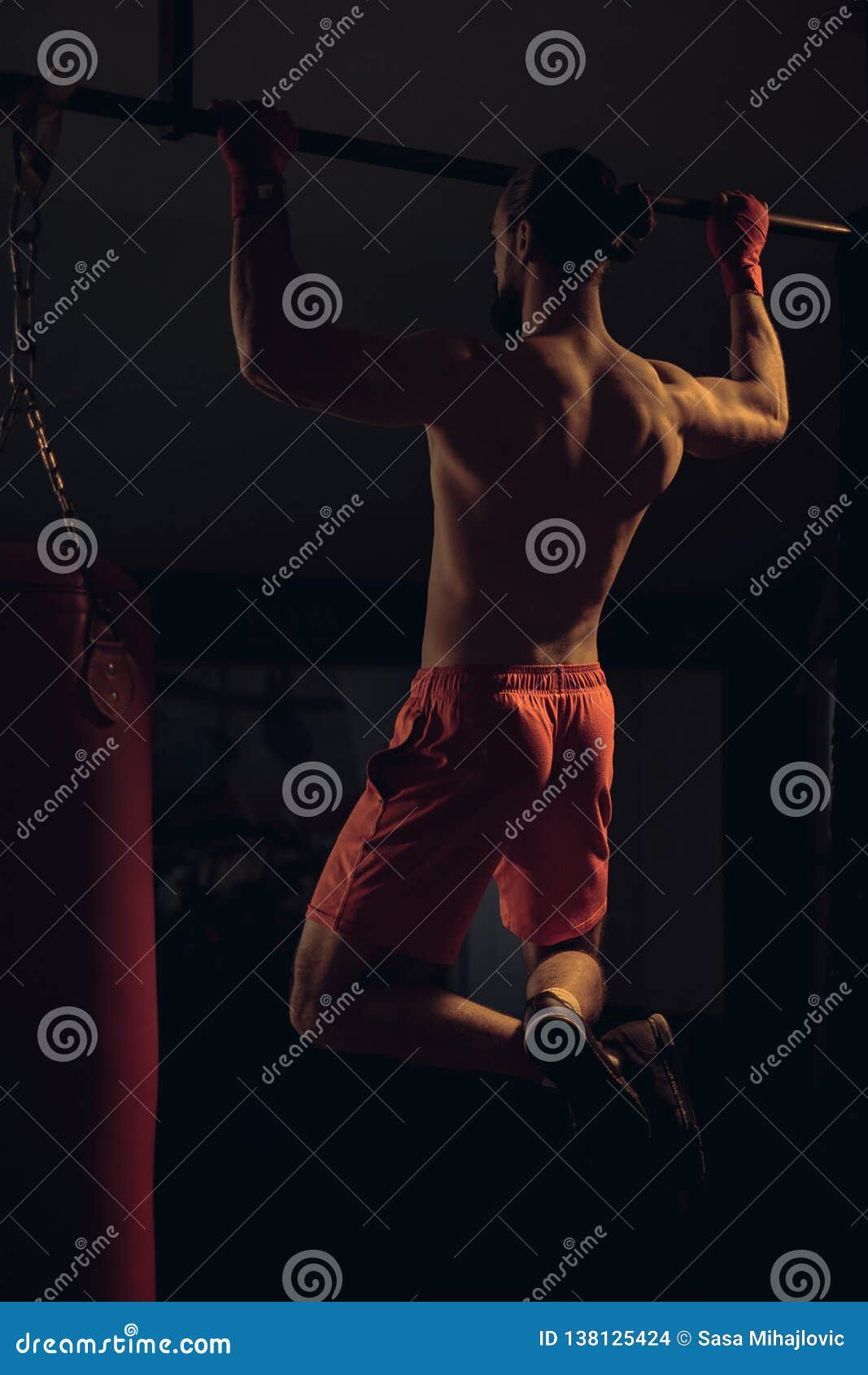 Shirtless Boxer Doing Pull Ups on the Bar Stock Photo - Image of ...