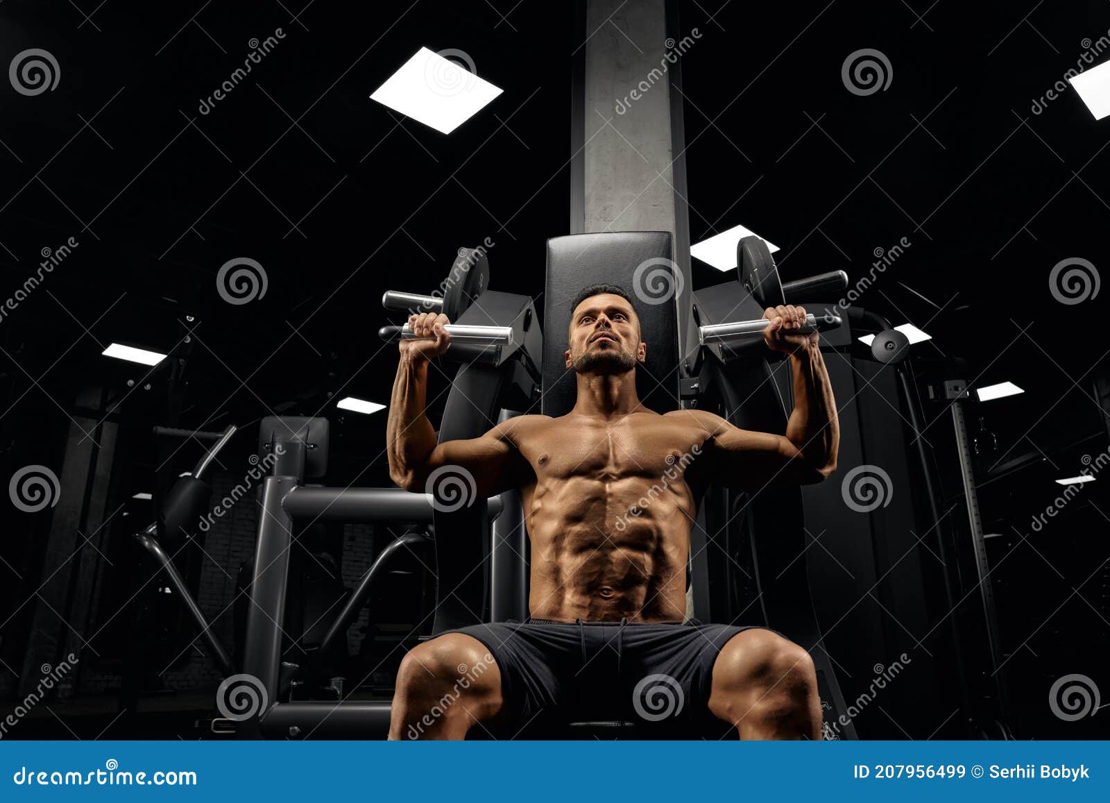 Shirtless Caucasian Bodybuilder Training Back on Simulator. Stock Image ...