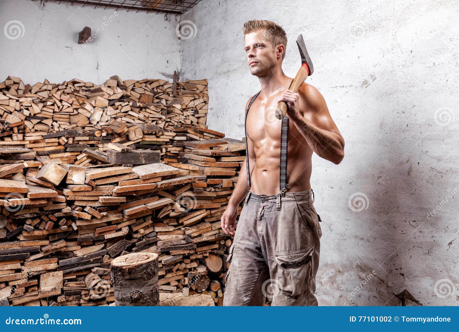 Shirtless Lumberjack with an Axe Stock Photo - Image of lumber ...