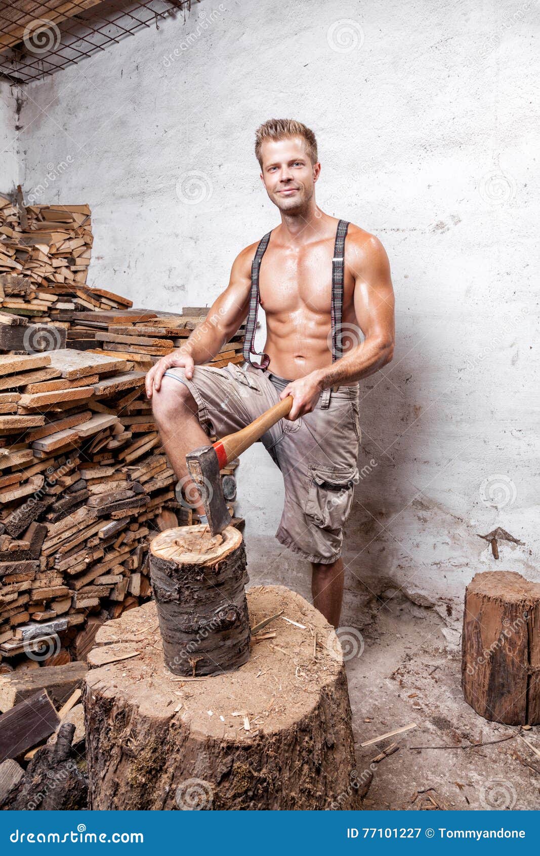 Shirtless Lumberjack with an Axe Stock Image - Image of brutal, nature ...