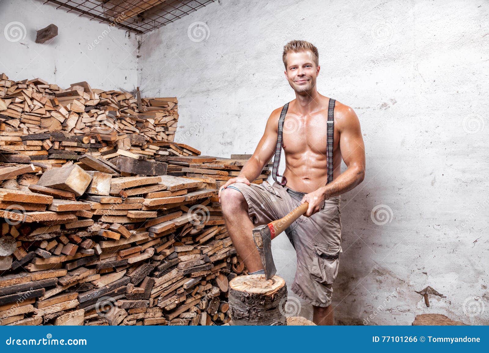 Shirtless Lumberjack with an Axe Stock Photo - Image of male, power ...