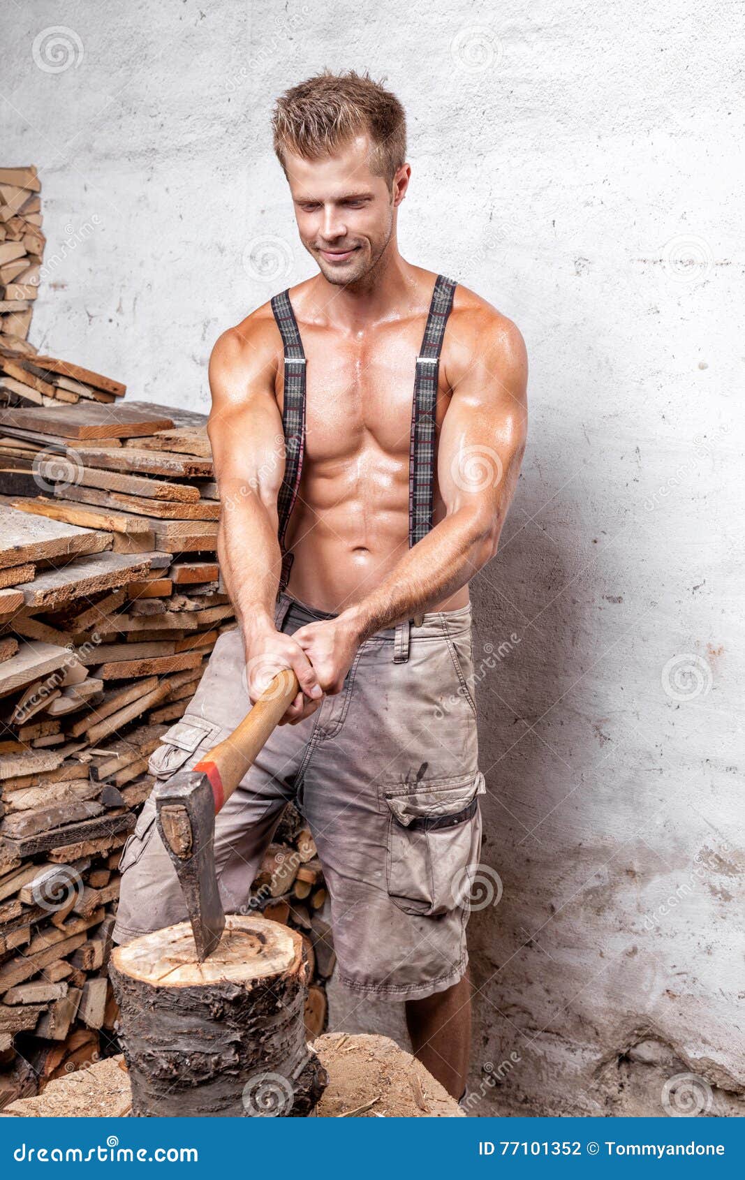 Shirtless Lumberjack with an Axe Stock Photo - Image of industrial ...
