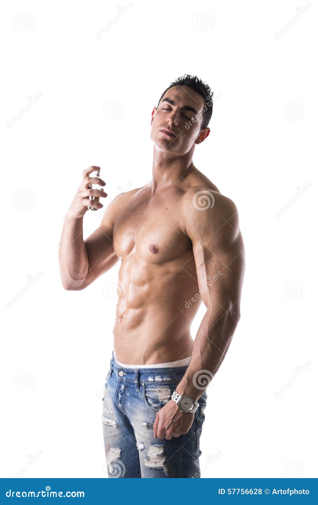 Shirtless Male Model Spraying Cologne Stock Photo - Image of applying ...