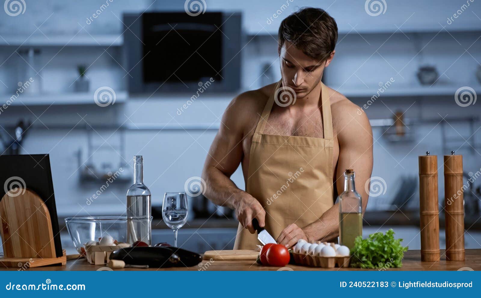Shirtless Man in Apron Cooking in Stock Image - Image of prepare ...