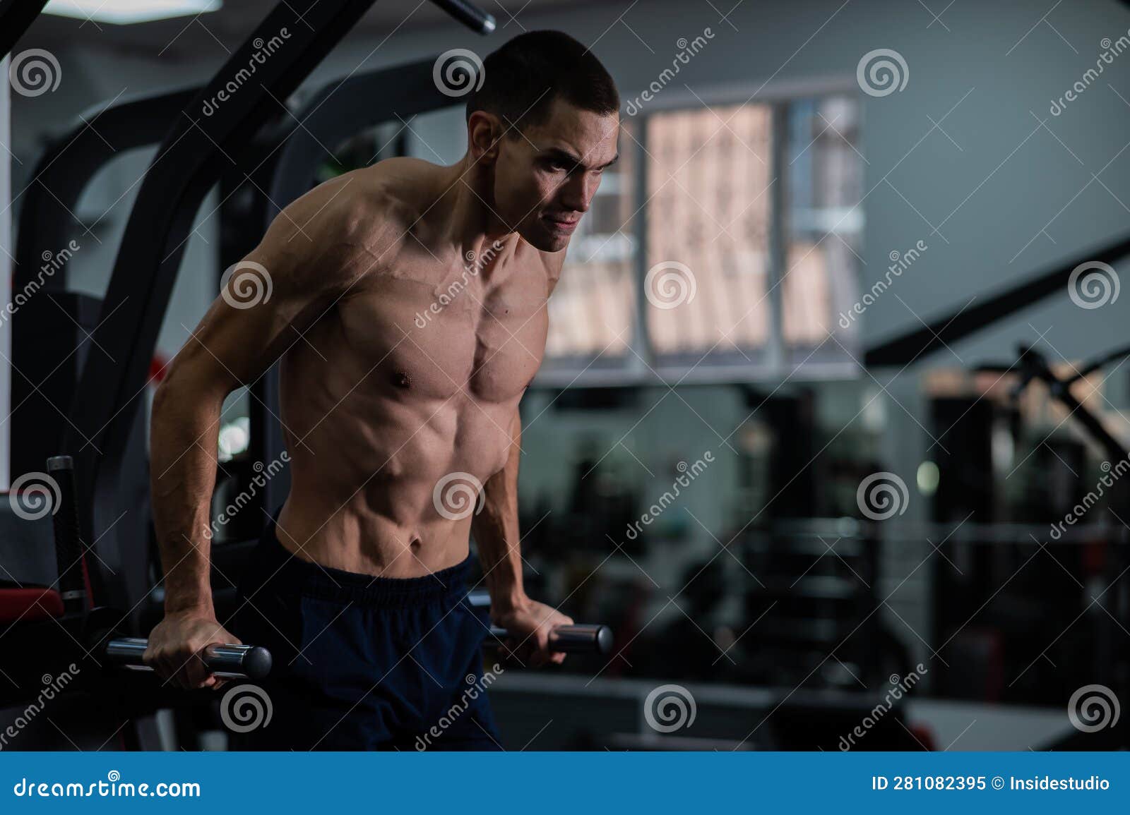 Shirtless Man Doing Triceps Dips from Parallel Bars in Gym. Stock Image ...