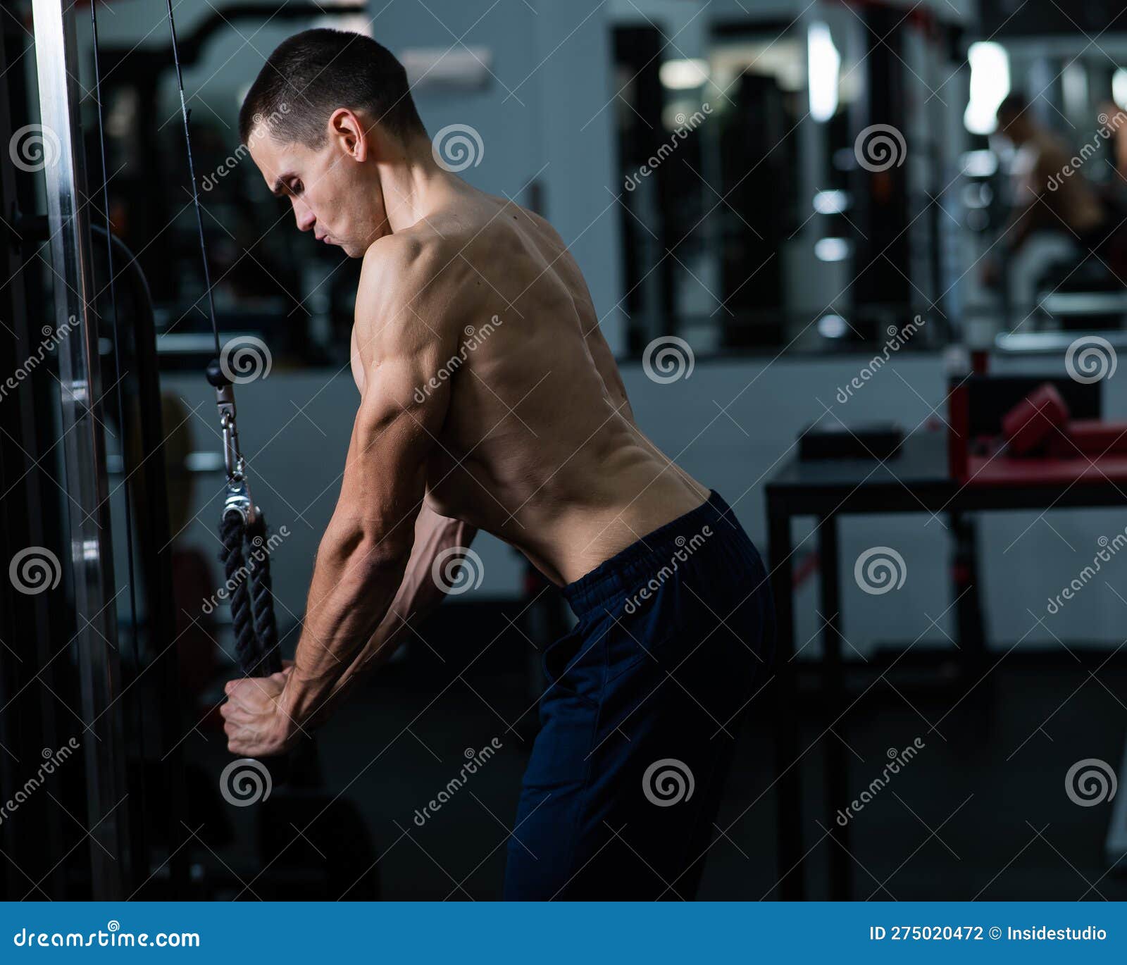 Shirtless Man Doing Triceps Pulldown at the Gym. Stock Photo - Image of ...
