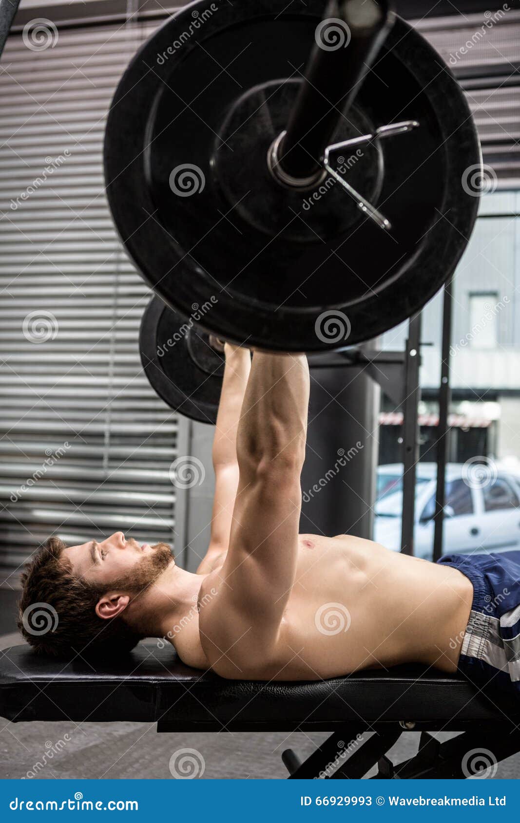 Shirtless Man Lifting Heavy Barbell On Bench Stock Image Image Of