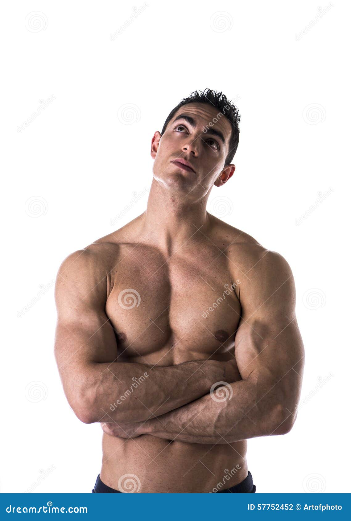 Shirtless Muscle Man Thinking while Looking Far Away Stock Photo ...