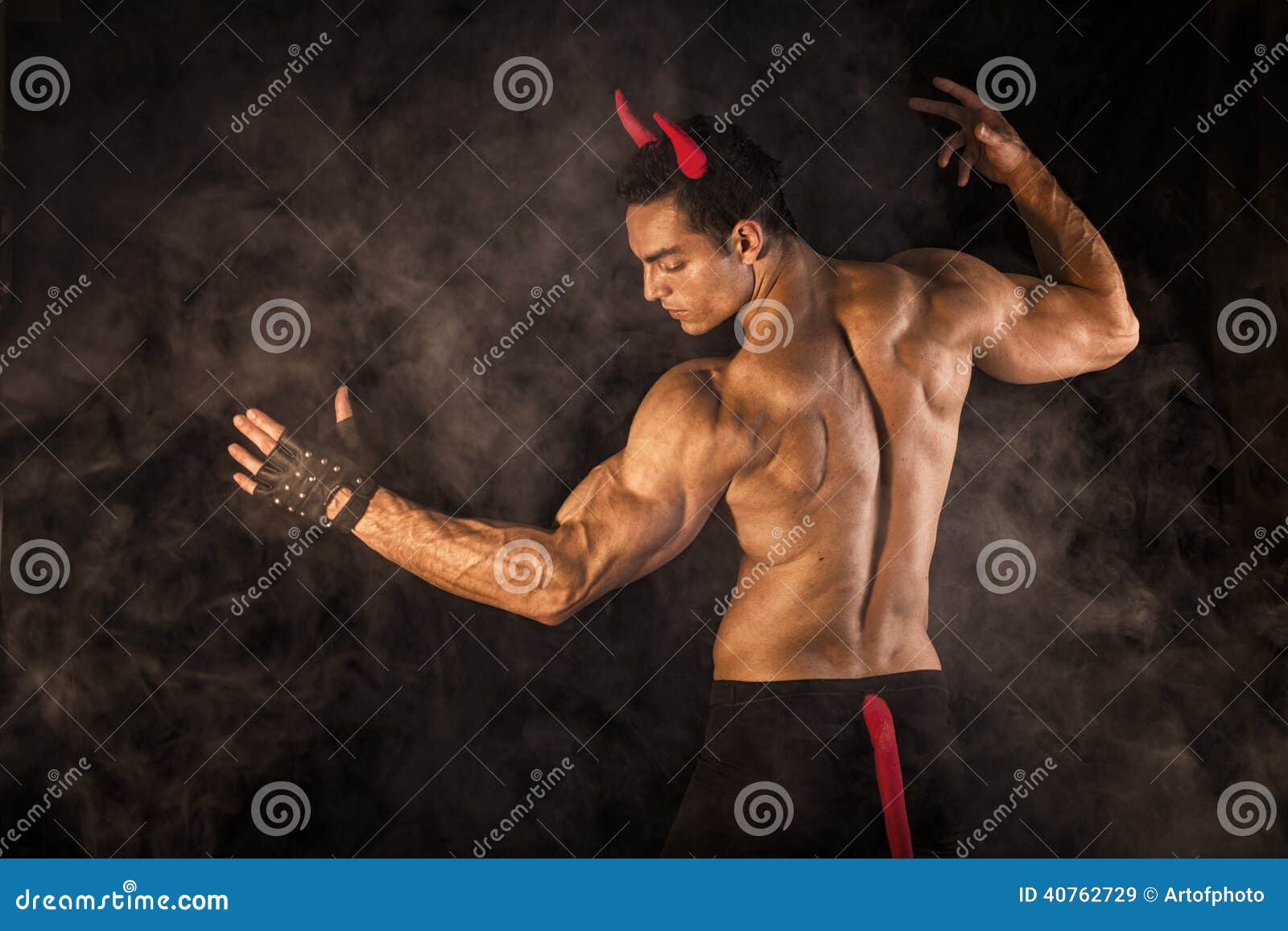 Shirtless Muscular Male Bodybuilder Dressed With Devil Costume Stock ...