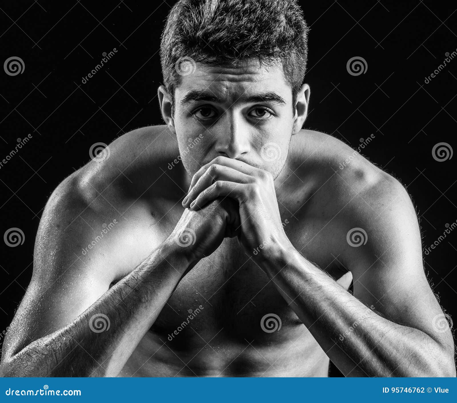 Shirtless Muscular Man Staring into Camera Seriously Stock Photo ...