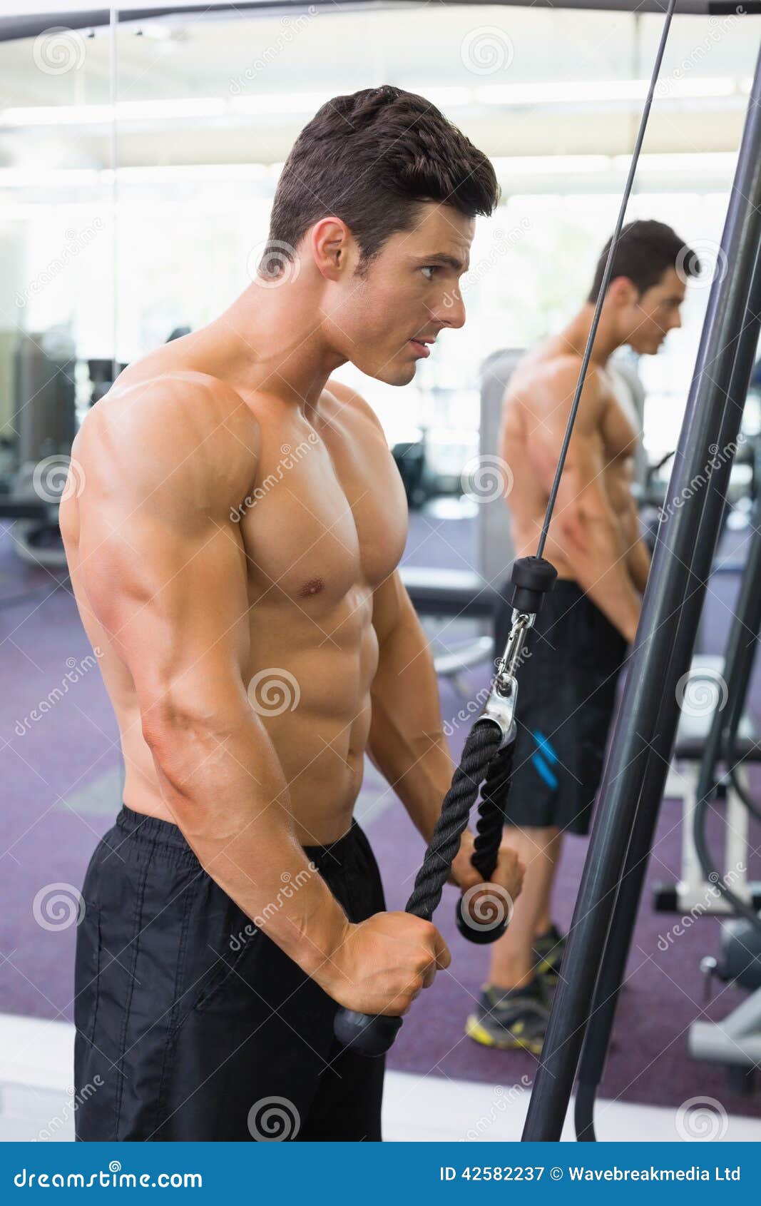 Shirtless Muscular Man Using Triceps Pull Down in Gym Stock Image ...