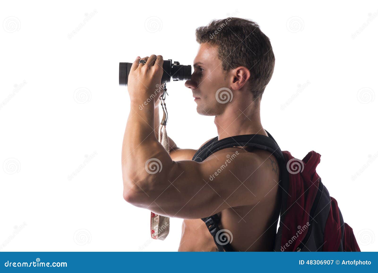 Shirtless Muscular Young Man with Binocular and Backpack Stock Image ...