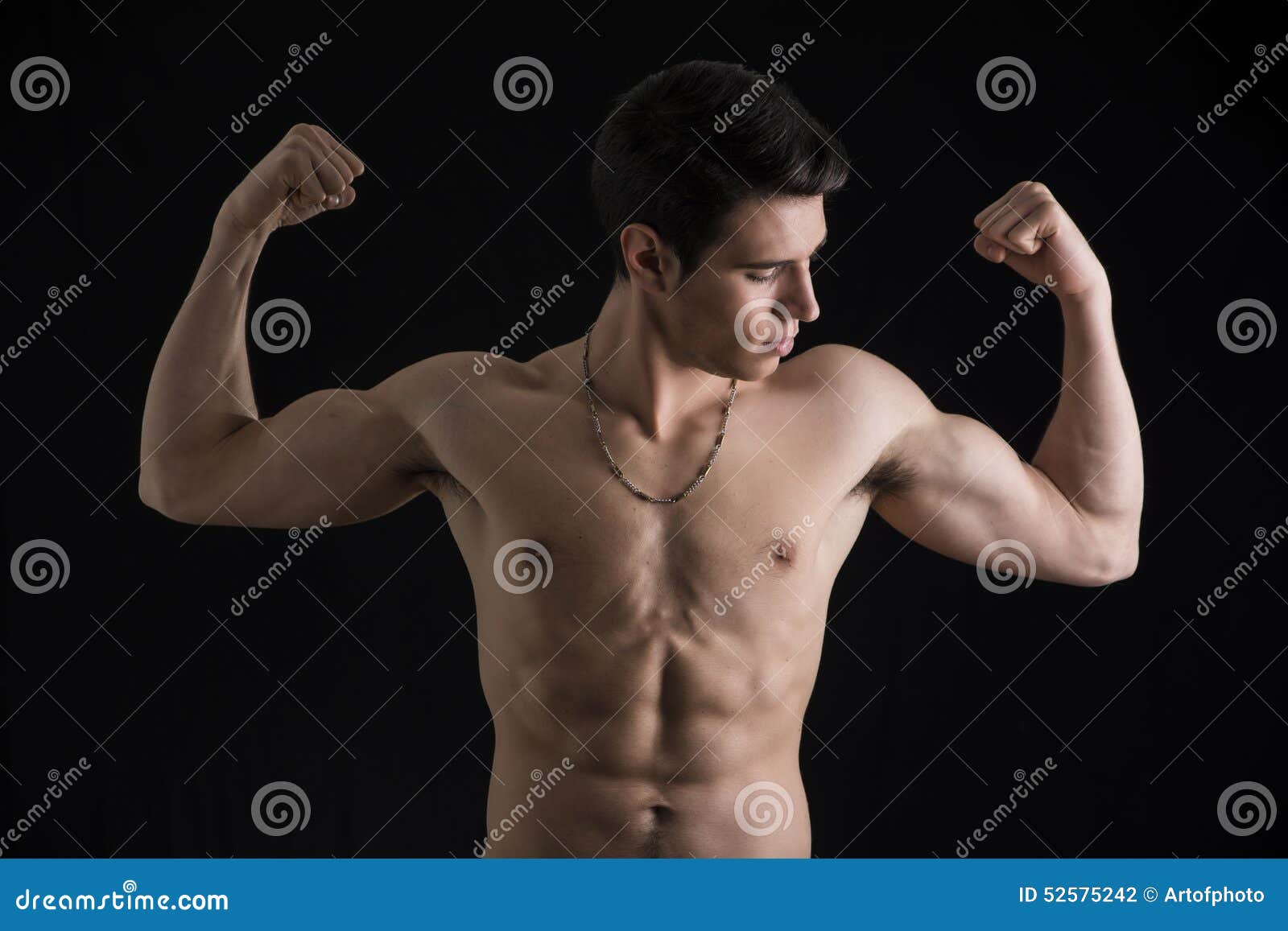 Shirtless Muscular Young Man Doing Double Biceps Stock Photo - Image of ...