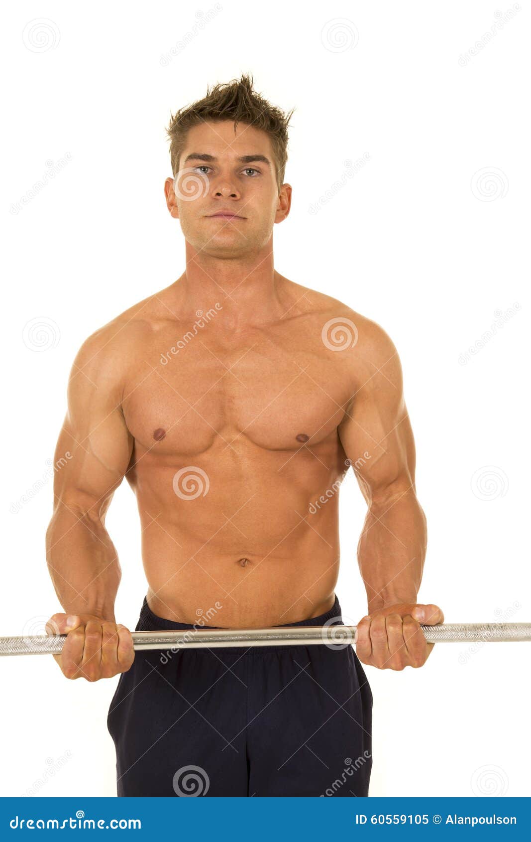 Shirtless Strong Man Hold Barbell Serious Stock Image - Image of ...
