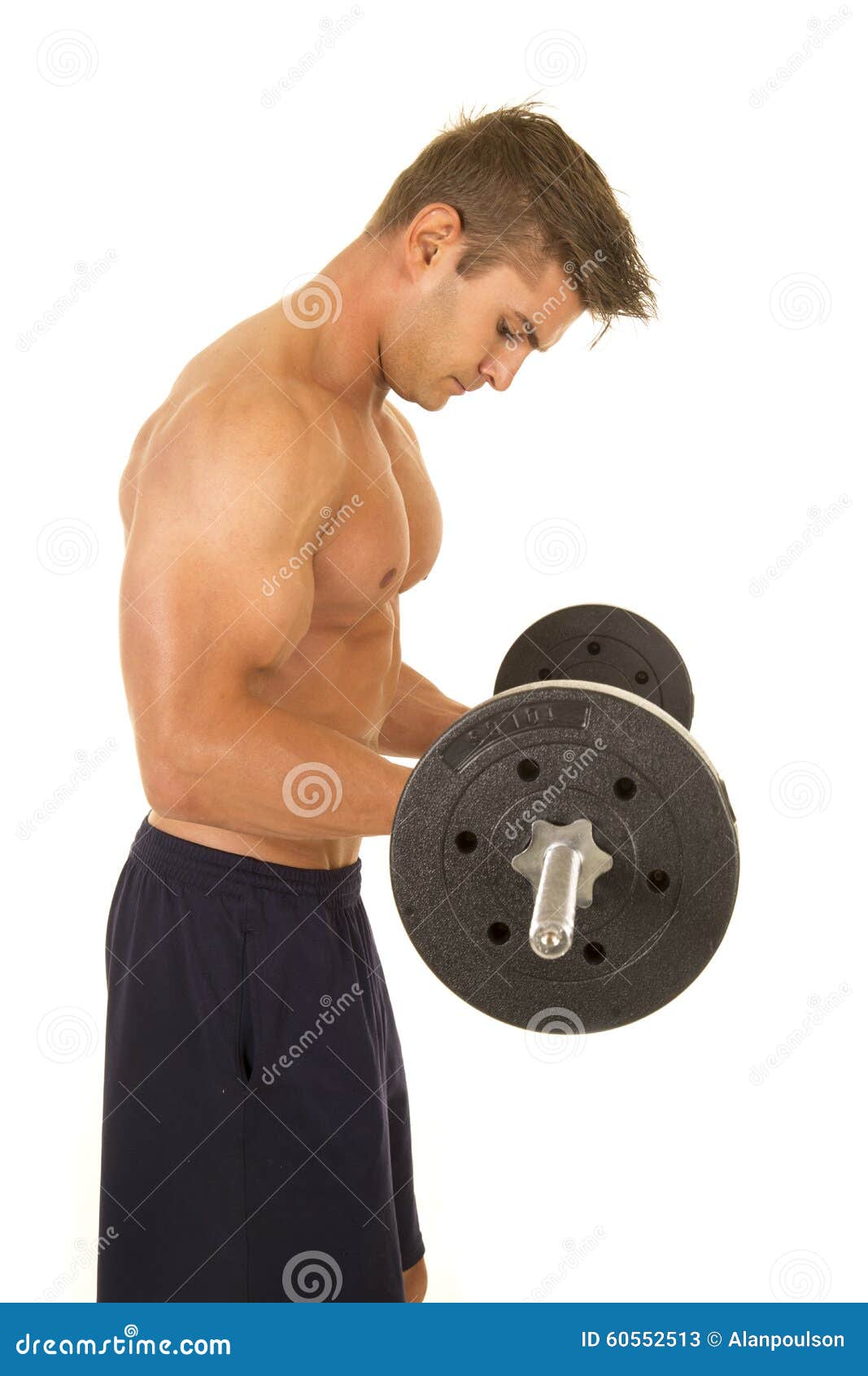 Shirtless Strong Man Side Curl Barbell Look Down Stock Image - Image of ...